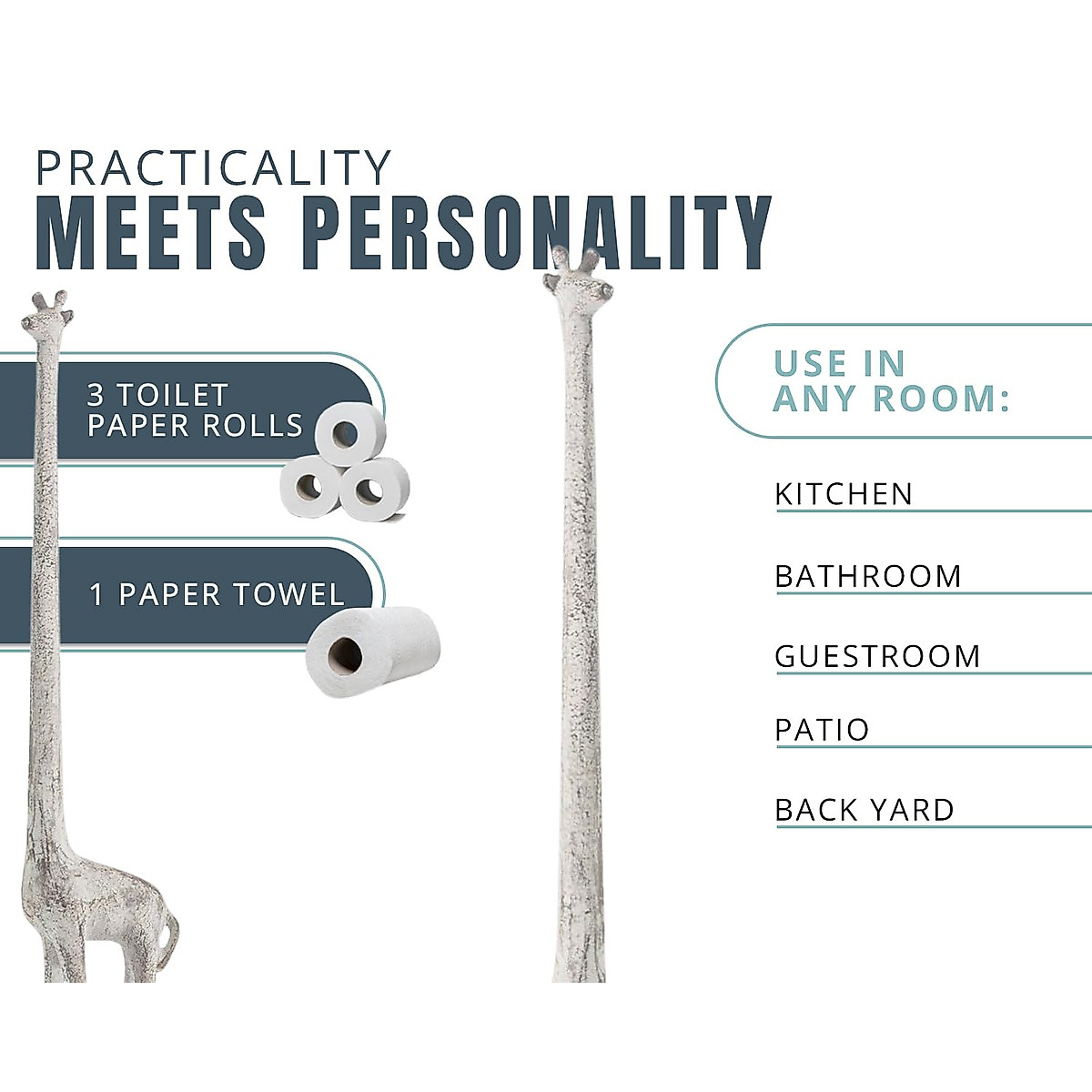 Paper Towel Holder or Free Standing Toilet Paper Holder- Cast Iron Giraffe Paper Holder - Decorative Bathroom Toilet Paper Holder or Stand Up Paper Towel Holder - Antique White by Comfify