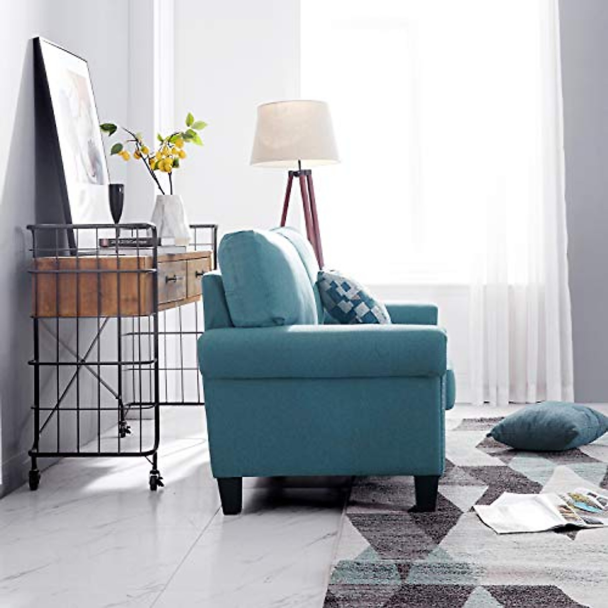 Traditional Upholstered 61 Inch Fabric Loveseat Couch Sofa for Living Room with Sturdy Wood Frame Construction, Single, Blue