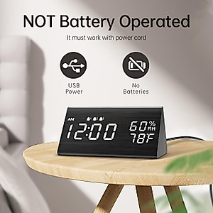 Digital Alarm Clock, with Wooden Electronic LED Time Display, 3 Alarm Settings, Humidity & Temperature Detect, Wood Made Electric Clocks for Bedroom, Bedside… (Black)