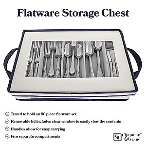 Chapman & Grand Flatware Storage Chest with Lid for Utensils, Silverware, Flatware – Securely Sewn Dividers with Large Capacity (Light Beige-Navy)
