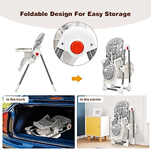 BABY JOY Folding High Chair for Babies & Toddlers, Infant Dining Chair w/Removable Dishwasher Safe Tray, 5-Point Safety Belt, Wheels, Detachable Cushion, Adjustable Backrest Footrest & Height (Gray)