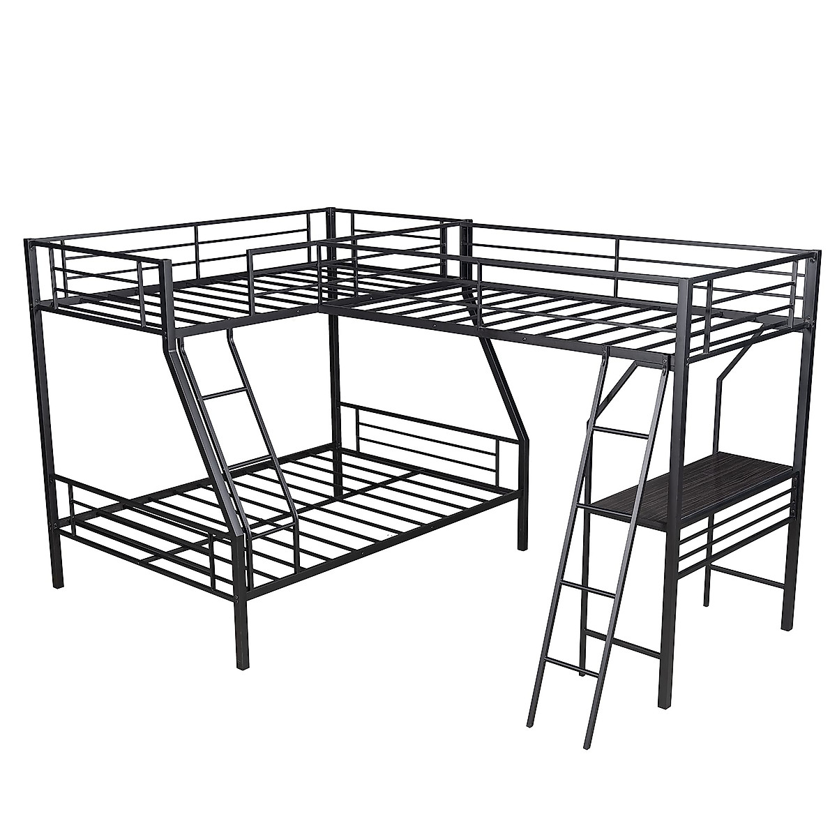 Twin Over Full Bunk Bed, L-Shaped Metal Triple Bunk Bed Frame Attached Twin Loft Bed with DeskLadderGuardrails, 3 Bed Bunk Beds for KidsTeens LF, Black