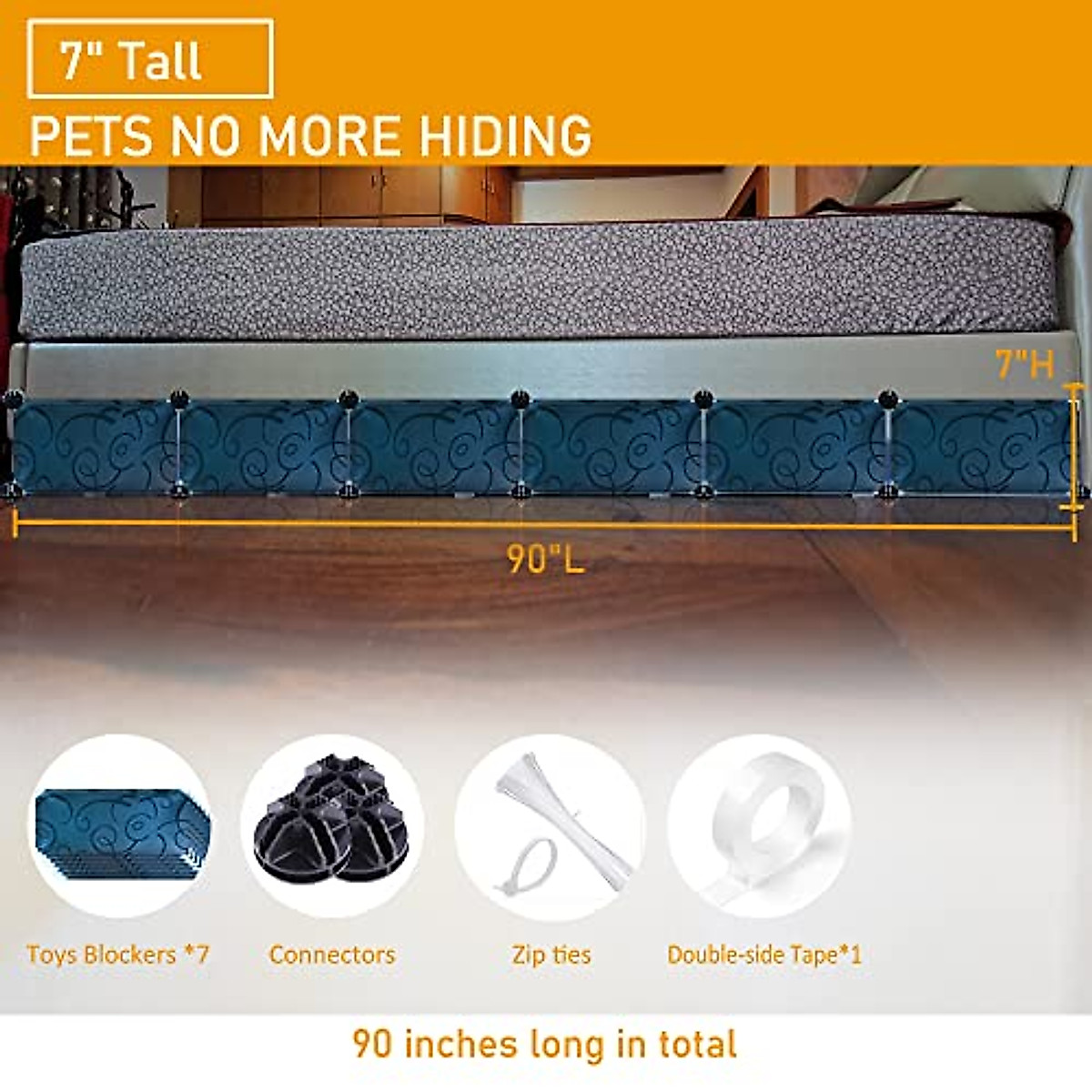 QIYIHOME Under Bed Blocker, Gap Bumper for Under Bed, Stop Things Going Under Bed or Sofa Couch, Toys Blocker for Pets Easy to Install,7" Height 90" Length, fits Cal King Size Bed, Black