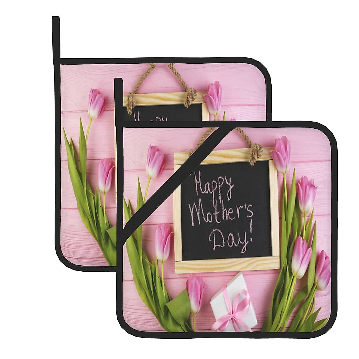 Potholders 2 Pieces Set, Happy Mother's Day Pink Tulips Gift Hot Pads with Anti-Scald Cotton Infill Material