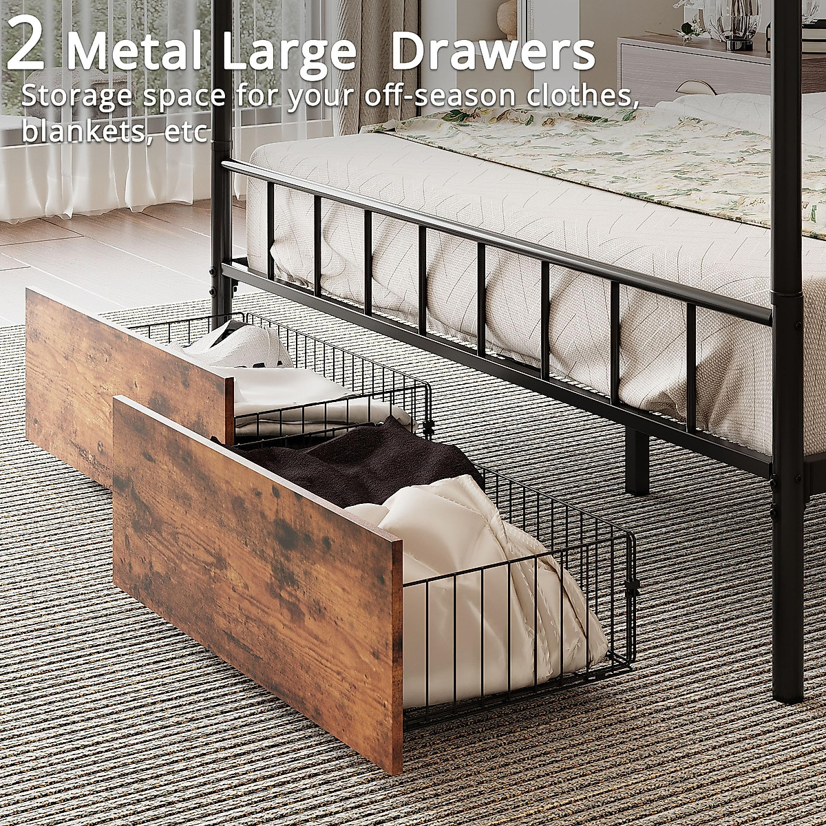 LIKIMIO Canopy Bed Frame Queen with Wooden Headboard and Drawer, Queen Size Bed Frame with 4 Removable Sturdy Posts, Noise Free, No Box Spring Needed, Rustic Brown