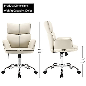 BERYTH Home Office Chair with Wheels, Adjustable Height Swivel Mid-Back Armchair Task Chair, Modern PU Leather Ergonomic Tilt Computer Desk Vanity Chair for Office, Study Room(PU Beige)