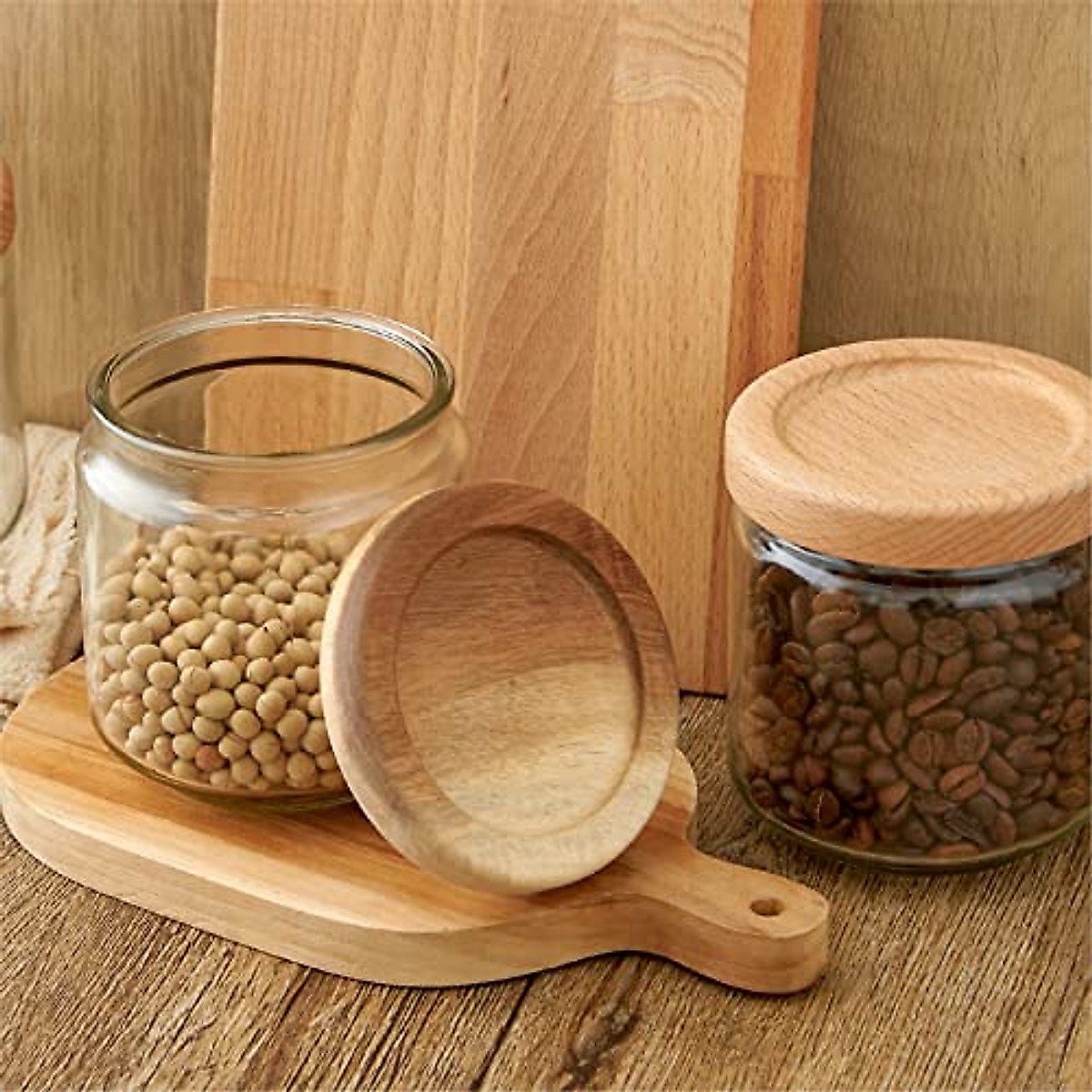 SOUL ONE 17oz (500 ML) Small Stackable Glass Cookie Jar with Wide Mouth Airtight Wooden Lid, Clear Candy Jar, Sugar Jars for Kitchen, Round Organization Container for Coffee Bean, Tea, Nut - Acacia