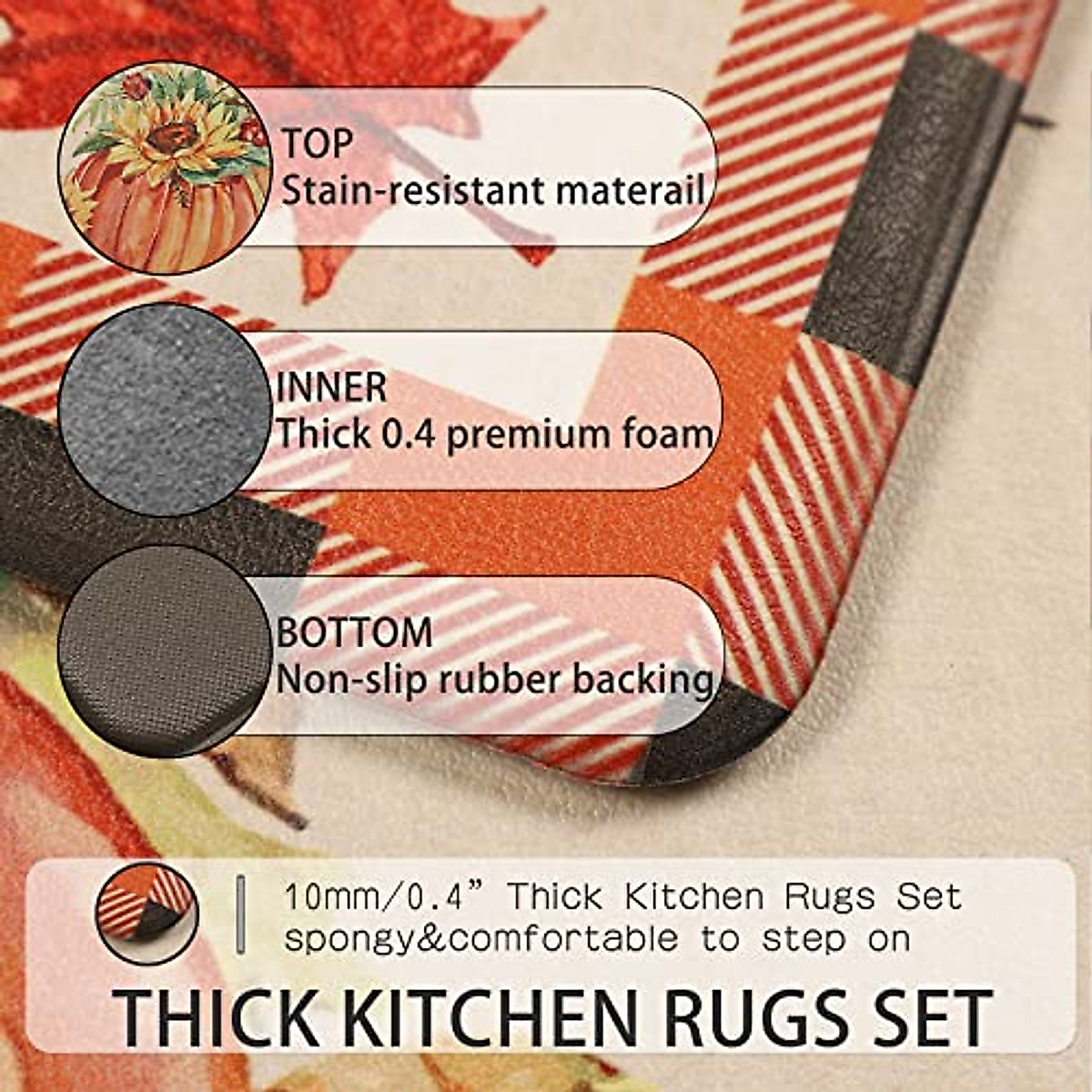 Falflor Fall Kitchen Rug and Mats Pumpkin Sunflower Decorative Kitchen Floor Mats Non Slip Kitchen Rug Heavy Duty Comfort Standing Mats for Kitchen Sink