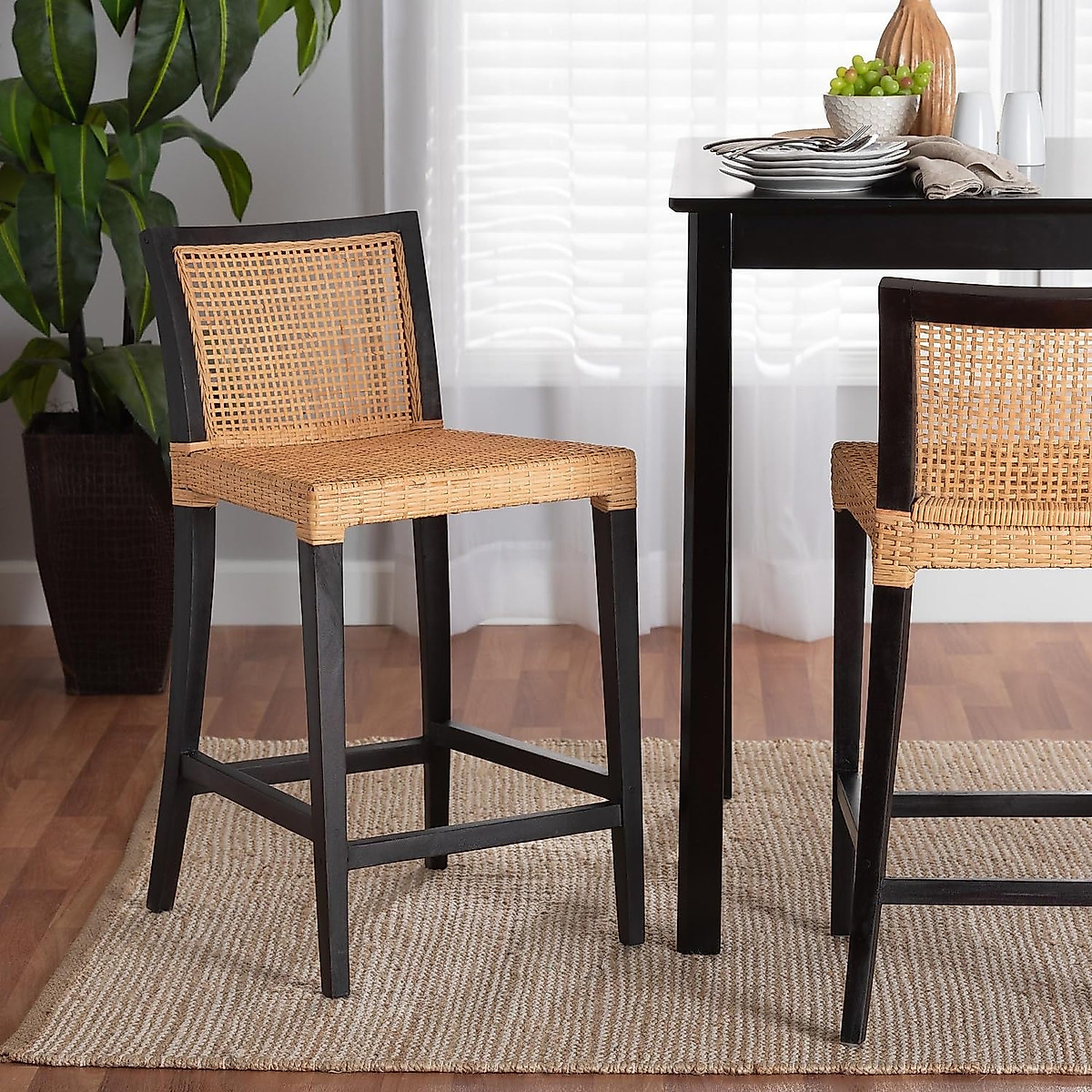 Baxton Studio Lingga Dark Brown Mahogany Wood and Natural Rattan Counter Stool