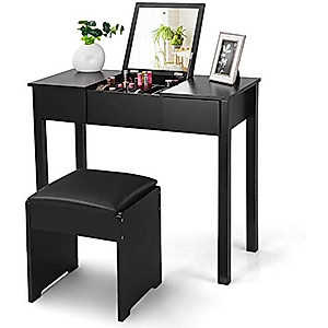 Vanity Table with Flip Top Mirror, Solid Wood Makeup Dressing Table , Writing Desk with Cushioned Stool Set, 2 Drawers for Different Sized Makeup Accessories, Bedroom Bathroom Organizers (Black)