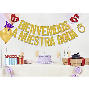 KEWUFD Spanish Welcome To Our Wedding Banner, Funny We're Engaged Decorations Wedding Party Decorations Bridal Shower Photo Prop Sign Gold Glitter