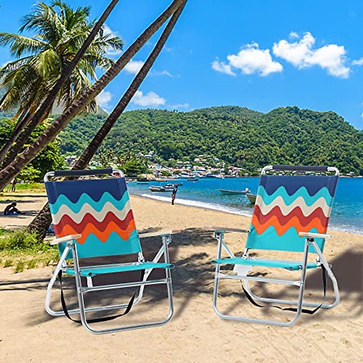 GREEN PARTY Beach Chair 2 Pack Aluminum Lightweight Folding Reclining Beach Chair with 3 Positions, Cooler Bag, and Wooden Armrest for Outdoor Camping Lawn, Support 250LBS, Blue