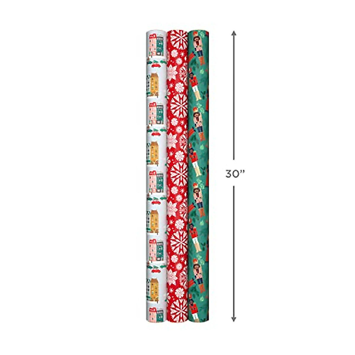 Hallmark Christmas Wrapping Paper with Cutlines on Reverse (3 Rolls: 120 Sq. Ft. Total) Winter City Scene, Rustic Snowflakes on Red, Nutcrackers with Foliage