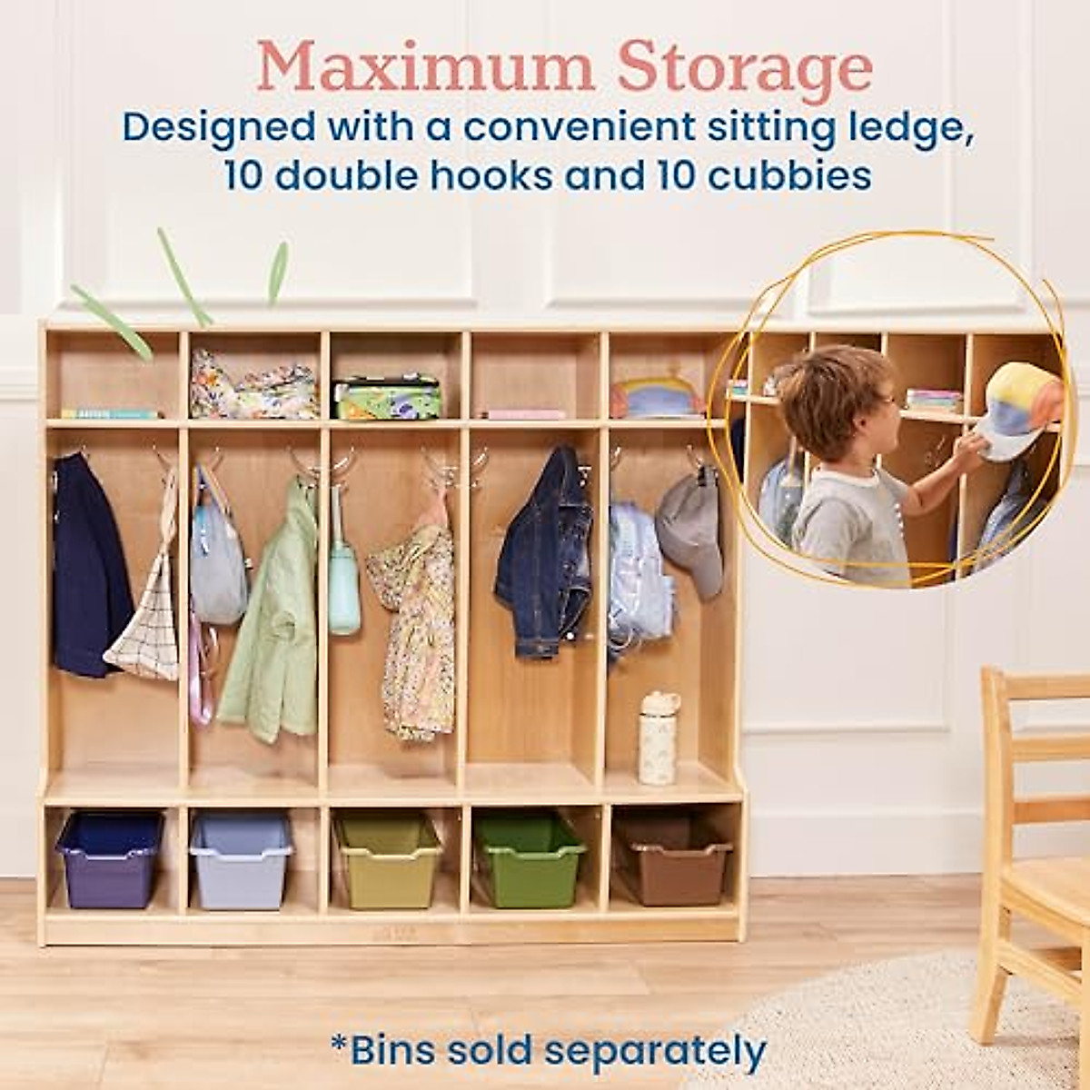 ECR4Kids 5-Section Coat Locker with Bench, Classroom Furniture, Natural