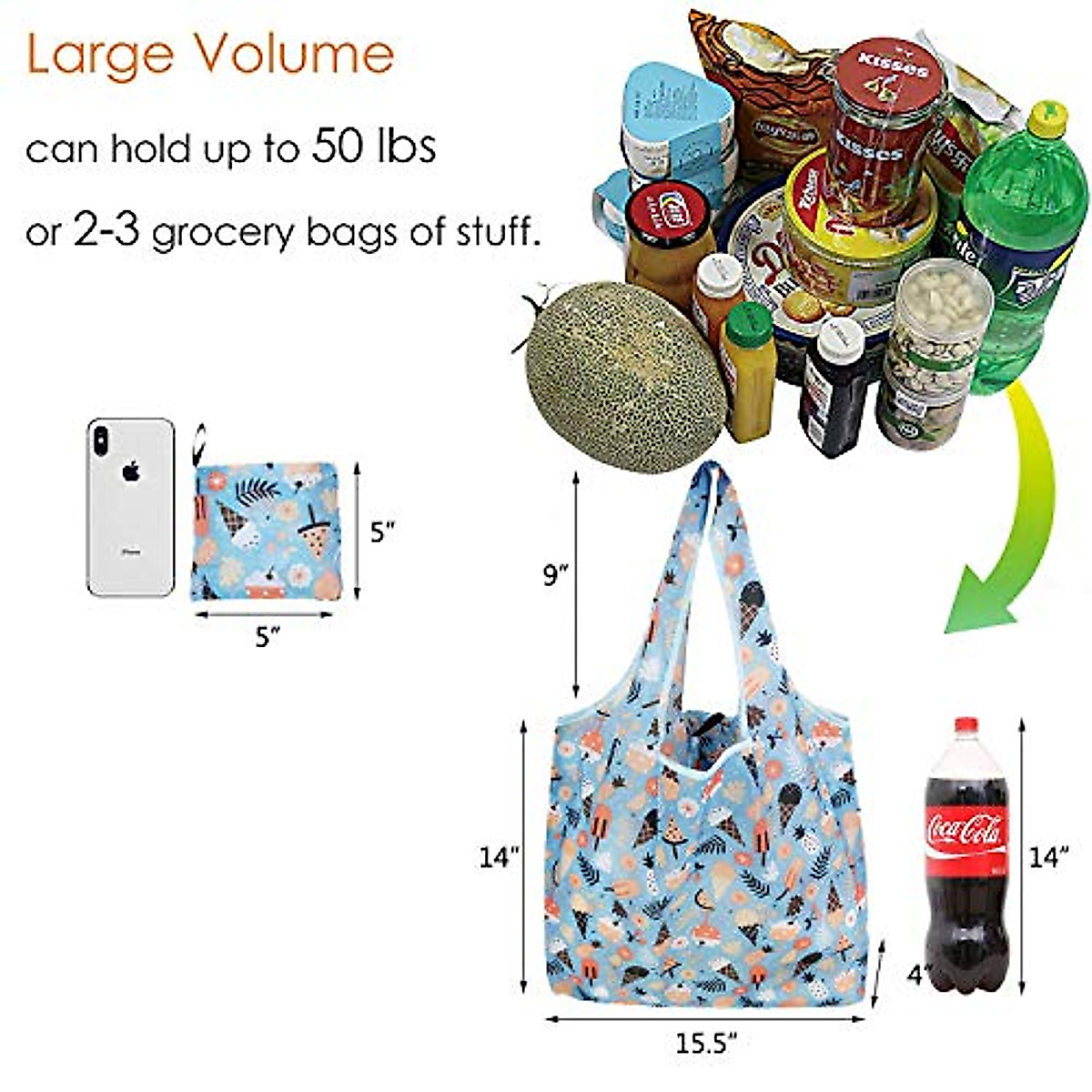 yanyan Foldable Reusable Grocery Shopping Tote Bags, 8 Pack Eco-friendly Large Recycle Shopping Bags Folding to fits in Pocket-Machine Washable
