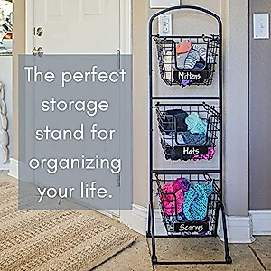 BIRDROCK HOME 3-Tier Wire Market Basket Stand with Chalk Label - Snack Fruit Vegetable Produce Metal Hanging Storage Bin for Kitchen Pantry - Free-Standing or Stacking Organizer - Black