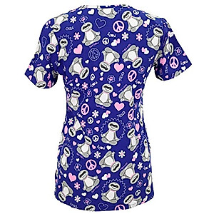 Green Town Women's Performance V-Neck Medical Scrub Stretch Tops, Small, Navy Sloth