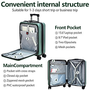 3Pcs (20/24/28) Luggage Set, HardShell Lightweight, Only 20" with Front Pocket, 21.65*15.35*7.87" Fits Overhead Cabin, 24" (26*17.7*10.2") and 28" (19.68*11.81*29.92") Checked Luggage, Green