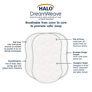 HALO DreamWeave Breathable Mesh BassiNest Mattress Replacement Pad and HALO BassiNest Fitted Sheet Morning Mist, Bundle