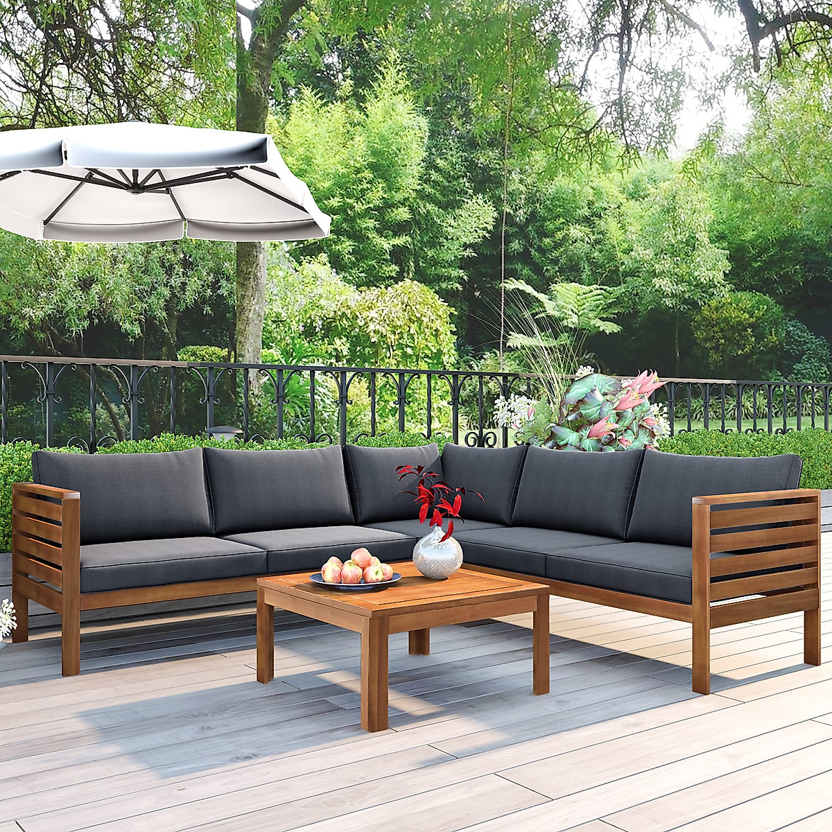 AOCHUANG Eucalyptus Wood 4 Piece Sectional Sofa Set Coffee Table Removable Cushion,Patio Seating Group L Shape Corner Garden Backyard Poolside (Natural Wood+Gray), 58.7inch x 27.6inch 25.1inch(L W H)