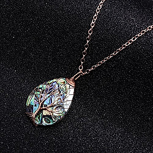 Tear Drop Abalone Tree of Life Necklace - Wire Wrap Abalone Shell Tree of Life Healing Crystal Pendant Necklace Fashion Rose Gold Plated Necklace Jewelry for Women