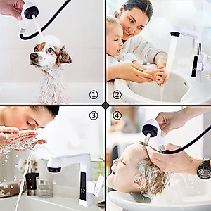 Qeemee LED Bathroom Faucet with Pull Out Sprayer, Matte Black Temperature Digital Display Sink Faucet 5 Water Flow Modes with 360° Swivel Spout Single Handle Lift Brass Faucet