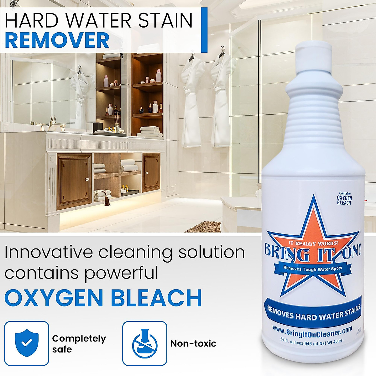 Bring It On Cleaner Hard Water Stain Remover, Shower Door Cleaner, Clean Tile and Grout, Windows, Fiberglass, Tubs, Chrome,32 Ounce.