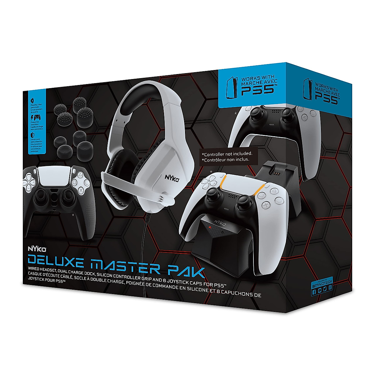 Deluxe Master Pak for PlayStation®5 | Dual Controller Charge Base | High Quality Wired Ergonomic Headset Designed for Over Ears | Silicone Grip Controller Cover and 8 Thumb stick Caps