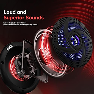 Pyle Marine Waterproof Speakers 6.5” - Low Profile Slim Style Wakeboard Tower and Weather Resistant Outdoor Audio Stereo Sound System with LED Lights and 240 Watt Power - 1 Pair in Black - PLMRS63BL