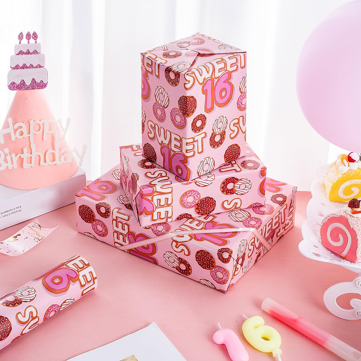 WRAPAHOLIC 16th Birthday Wrapping Paper - Mini Roll - 17 Inch X 33 Feet - Sweet 16 for Birthday, Party, Holiday