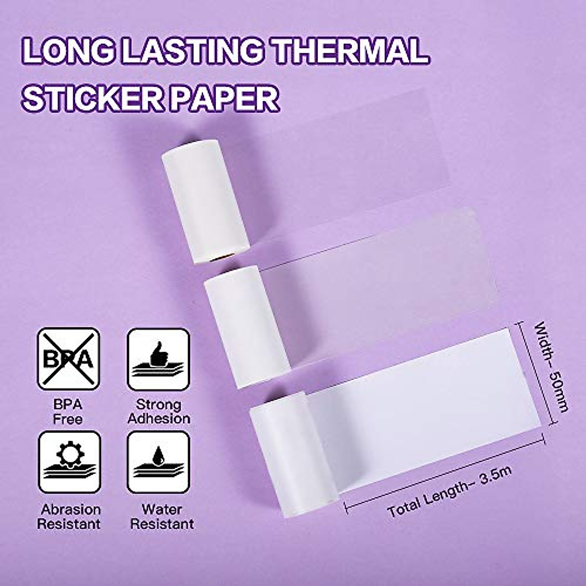 Phomemo Adhesive Thermal Sticker Paper,White/Transparent/Semi-Transparent Thermal Printer,for Phomemo M02/M02 Pro/M02S/M03/M03AS/M04S Bluetooth Thermal Pocket Printer, 50mm-53mm Width,2.5m-3.5m Length