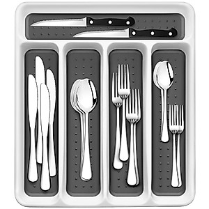 RayPard 24-Piece Silverware Set, Flatware Set Mirror Polished, Dishwasher Safe Service for 4, Include Fork/Spoon with 5-Compartment Non Slip Silverware Drawer Organizer Box Tray
