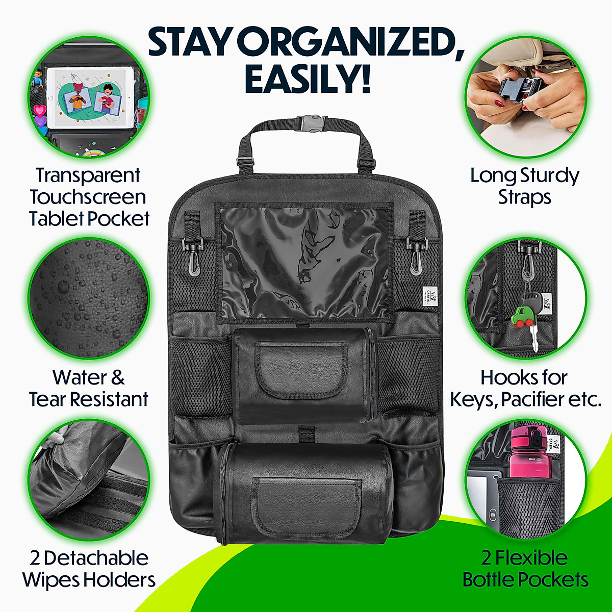 Cartik Backseat Car Organizer - Car Seat Organizer, Road Trip Essentials for Kids, Car Organizer Backseat Storage for Toys & Accessories (Double pack)