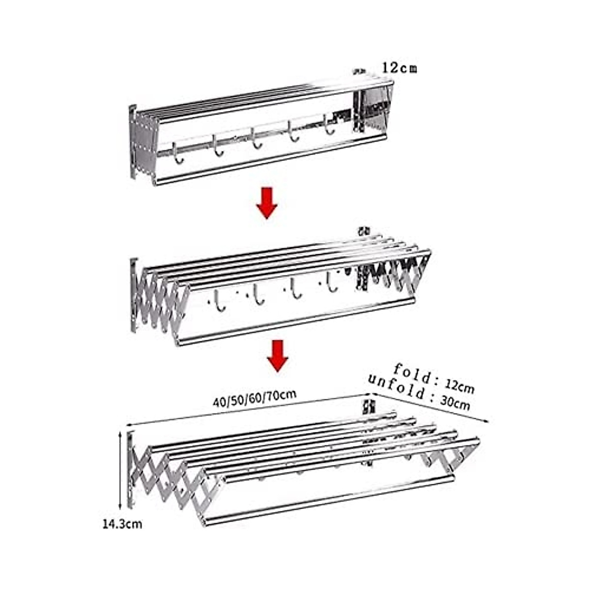 XMCX Foldable Clothes Drying Rack Wall Mounted 5 Rails Dryer Retractable Airer Bathroom Towel Rail Hooks Washing Cloth Line Stainless Steel Extendable Easy Storage (Size : 40cm)