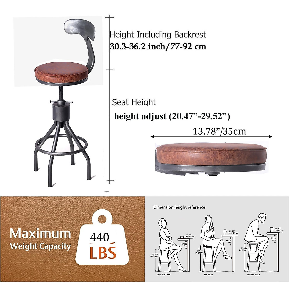 BOKKOLIK Set of 2 Bar Stools Industrial Style Kitchen Counter Island Stool Dining Chiar with Backrest Rustic Guest Chair Swivel PU Seat 23-33inch Height Adjustable