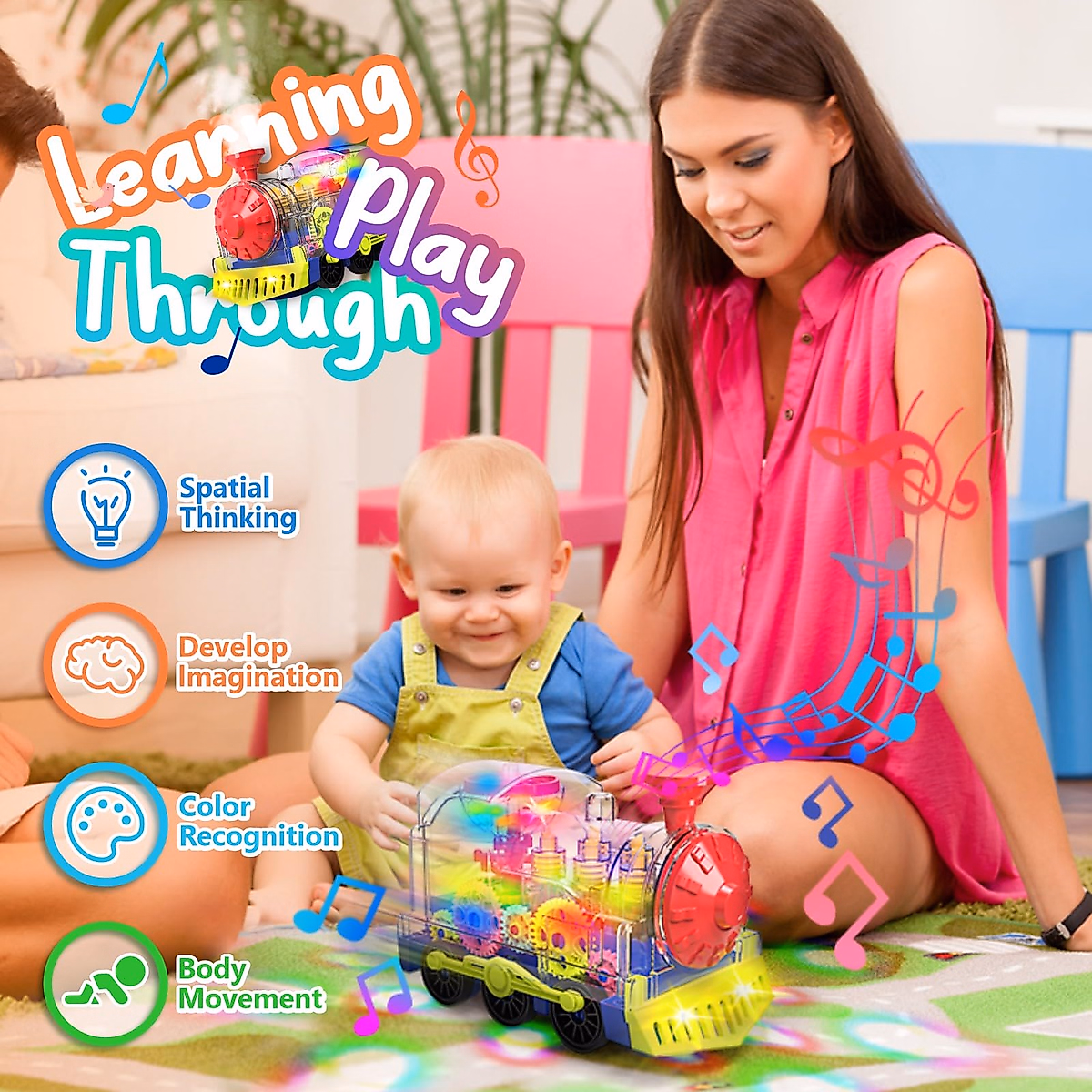 Kizeefun Light Up Train Toy for Toddlers: Transparent Gear Car Toy for Kids with Cool Light and Music Educational Crawling Toys for Baby Boys and Girls