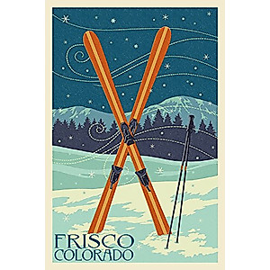 Frisco, Colorado, Crossed Skis, Letterpress (24x36 Gallery Quality Metal Art, Aluminum Decor)