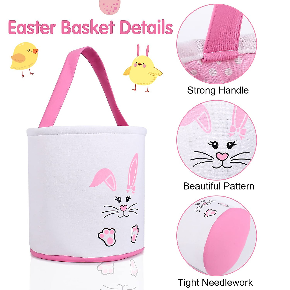 3Pcs Easter Basket for Kids Easter Bunny Canvas Candy Basket Bulk, DIY Personalized Easter Large Buckets Tote Bags Egg Hunt Gifts Basket Easter Party Favors Decorations with 2Pcs Double Line Pens