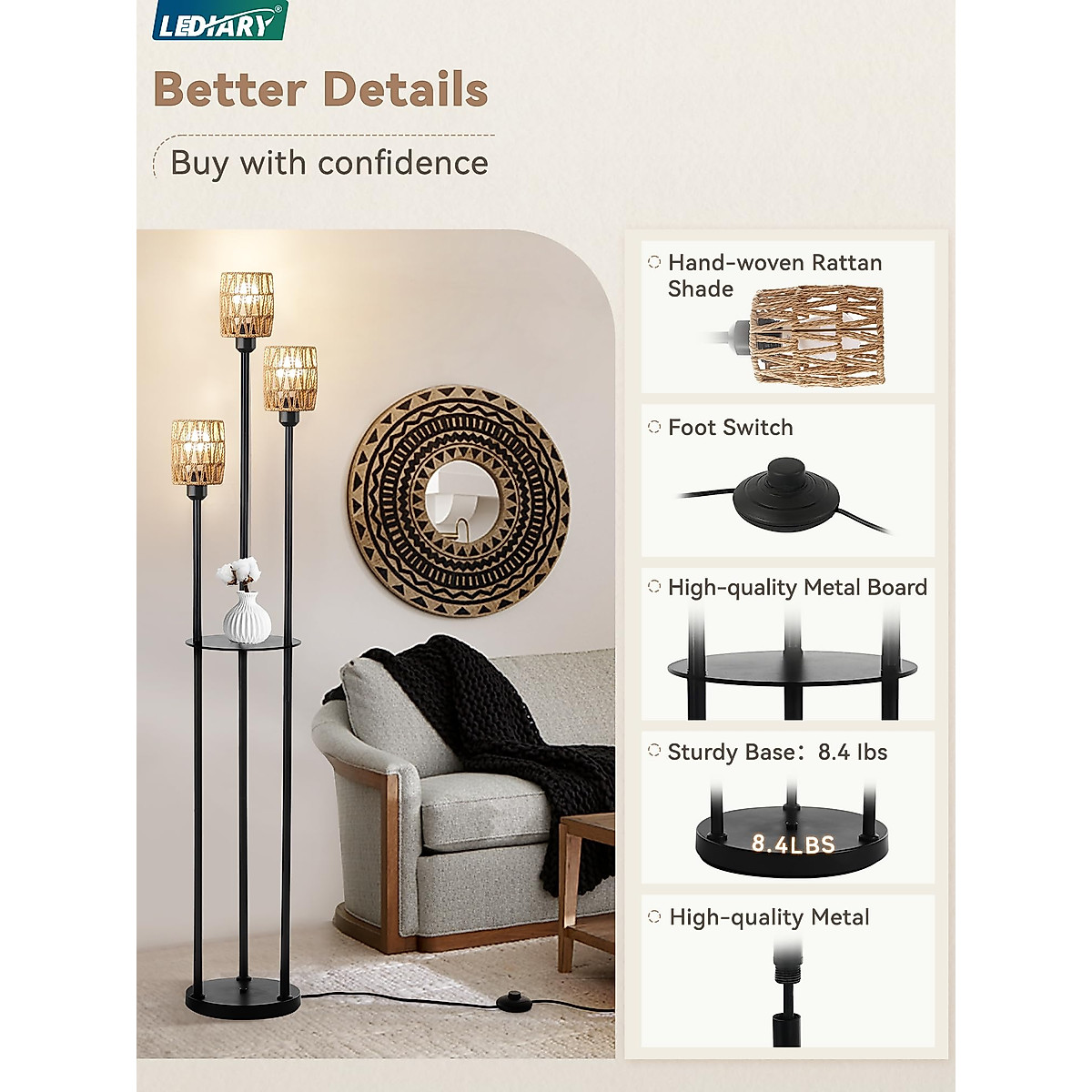 LEDIARY 65" Boho Floor Lamp for Living Room Rattan Floor Lamp with Shelves, 3 LED Bulbs Included Standing Lamp, Floor Lamp for Living Room, Bedroom, Office