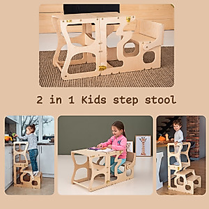 WoodandHearts Montessori Step Stool for toddlers - 2 in 1 Multifunctional Learning Tower - Kitchen Standing Helper (with shapes cutouts)