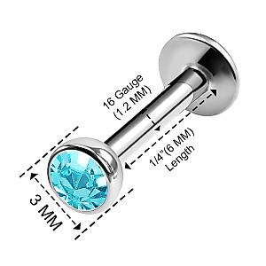 BanaVega 3PCS Surgical Steel Internally Threaded Labret 16g 1/4 6mm 3mm Sapphire Crystal Lobe Earrings Tragus Piercing Jewelry 0456