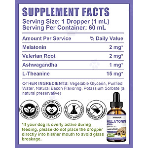 Melatonin for Dogs | 60ML Natural Calming for Dogs Anxiety & Stress with Melatonin, Valerian, Ashwagandha & L-Theanine | Liquid Melatonin for Dogs Helps with Sleep, Thunder, Fireworks | 2 oz, Bacon