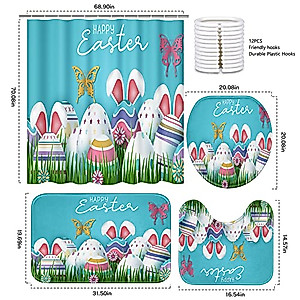 ArtSocket Easter 4 Pcs Shower Curtain Set Easter Blue Cartoon Bunny with Non-Slip Rugs Toilet Lid Cover and Bath Mat Bathroom Decor Set 72" x 72"