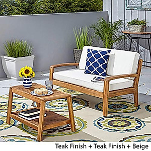 Great Deal Furniture Christian Outdoor Teak Finished Acacia Wood Loveseat and Coffee Table Set with Beige Water Resistant Cushions