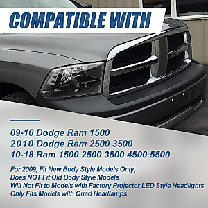 Auto Dynasty Quad Halogen Headlights Assembly Compatible with Dodge Ram 1500-5500 (New Body Style) 2009-2018, Driver and Passenger Side, Black Housing Clear Corner