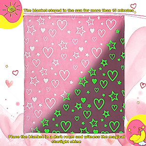 Cloele Glow in The Dark Heart Stars Blanket,Pink Throw Blanket Birthday Gift for 2 3 4 5 6 7 8 9 10 Year Old Kids Girls - Heart Flannel Throw Blanket Glowing Luminous Birthday Valentines Gifts,50"x60"