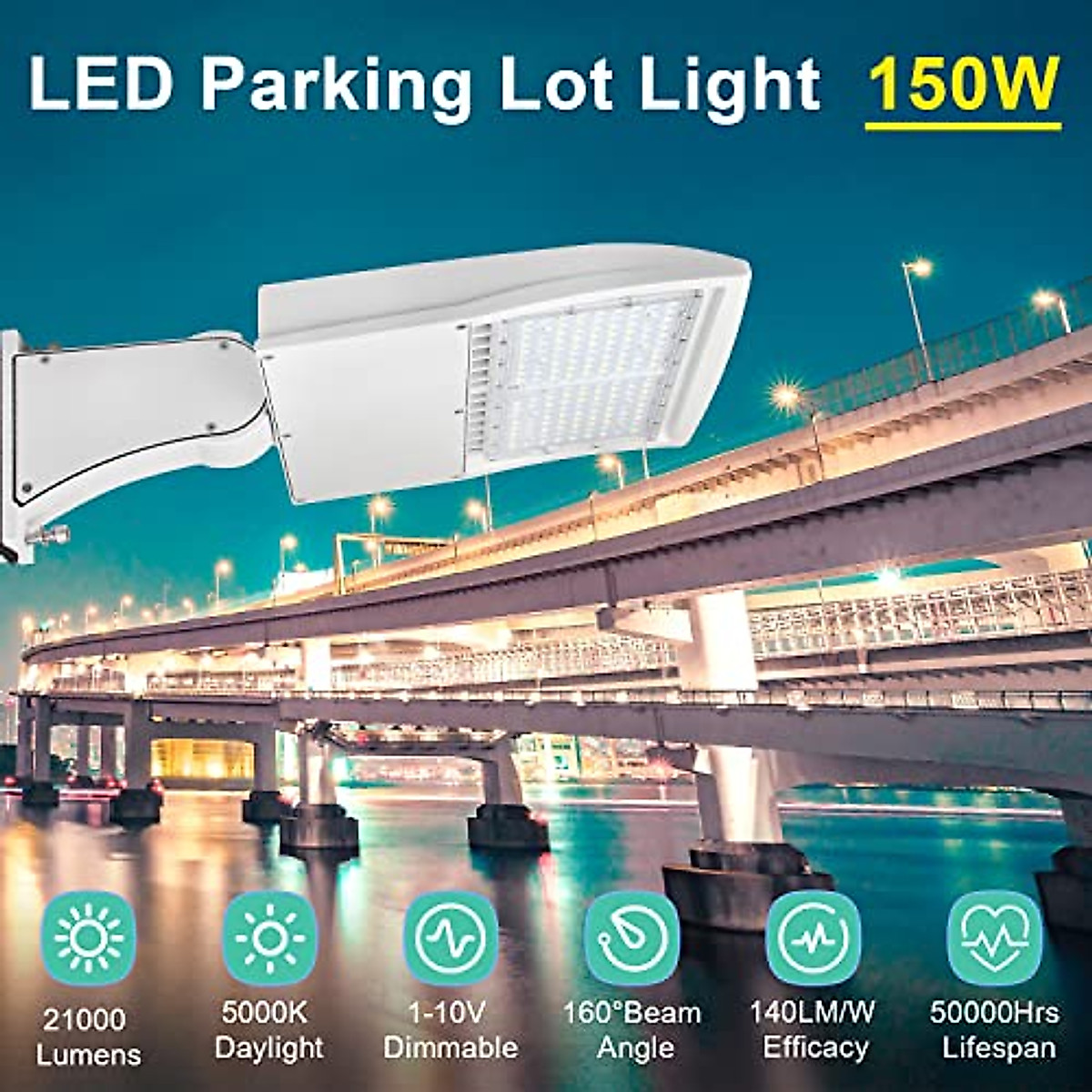 150W LED Parking Lot Light 21000 LM, 5000K 1-10V Dimmable LED Shoebox Pole Area Light (600W MH Equiv), Direct Arm Mount IP65 Waterproof 100-277V AC, UL&DLC, White (Direct Arm Mount, 150Watts)