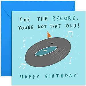 Old English Co. Funny Happy Birthday Card for Dad - 'For the Record You're Not That Old' Hilarious Vinyl Birthday Card for Him - Grandad Birthday Card | Blank Inside with Envelope