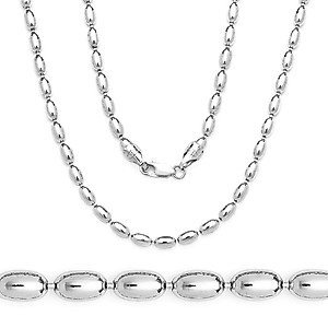 925 Sterling Silver Oval Bead Necklace, 3MM, 4MM Sterling Silver Bead Ball Necklace, Rice Bead Chain Necklace, Silver Beaded Necklace 16-36 (24, 3MM)