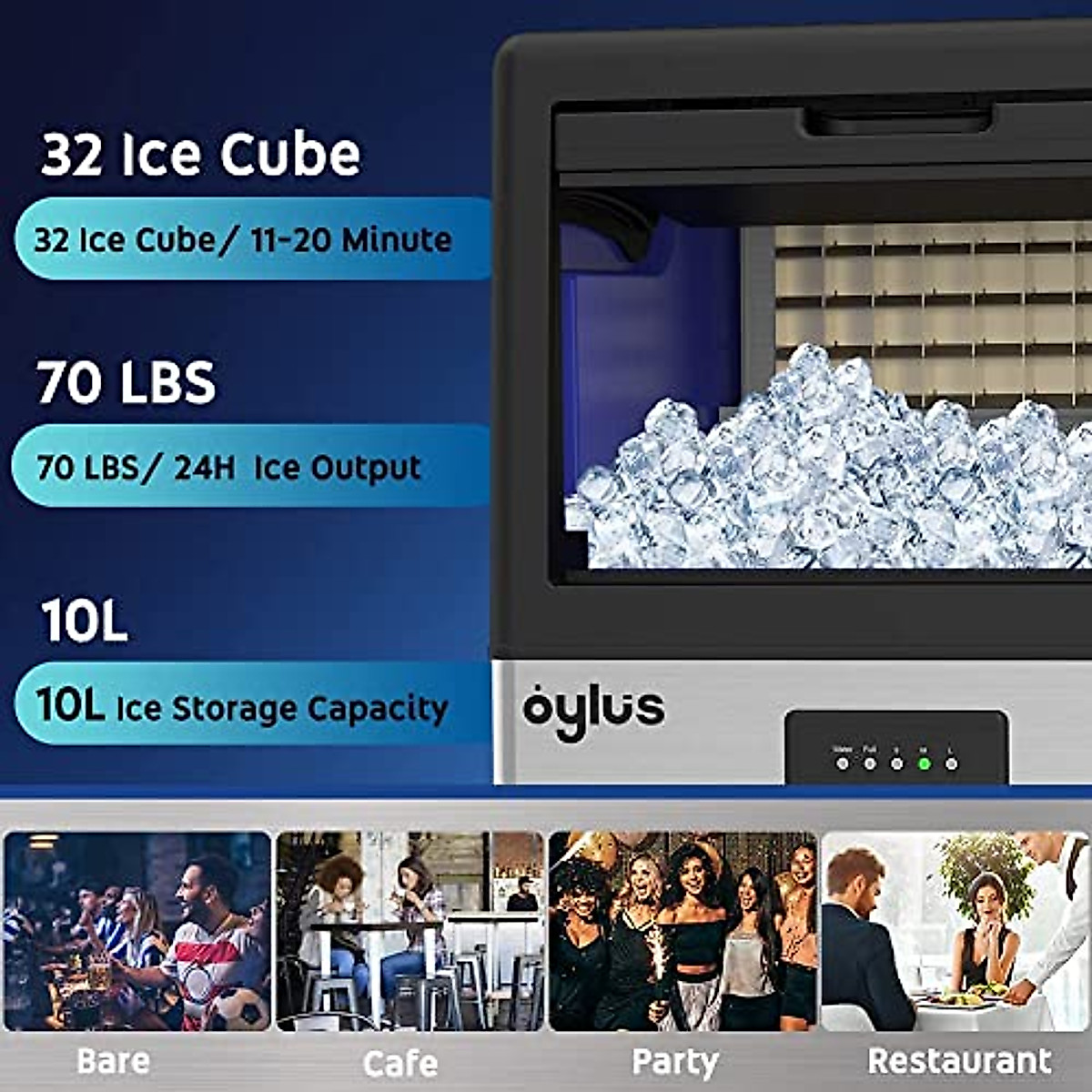 Commercial Ice Maker Machine, OYLUS 70 lbs/24H Stainless Steel Ice Cube Machine with 10 lbs Bin Ice Storage Capacity Easy Control Under Counter Free Standing for Home, Bar and Offices 120V